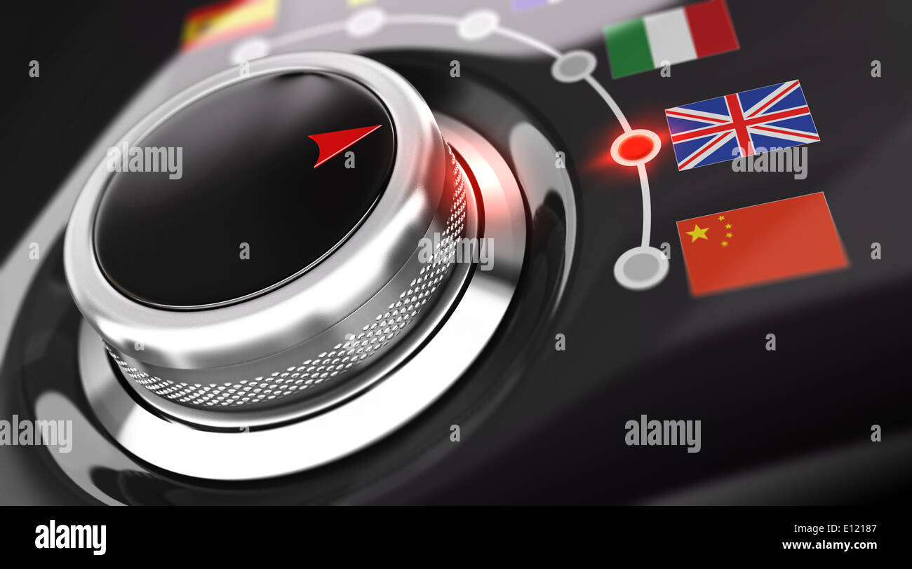 Language selector button with flags. Conceptual 3D render image with ...