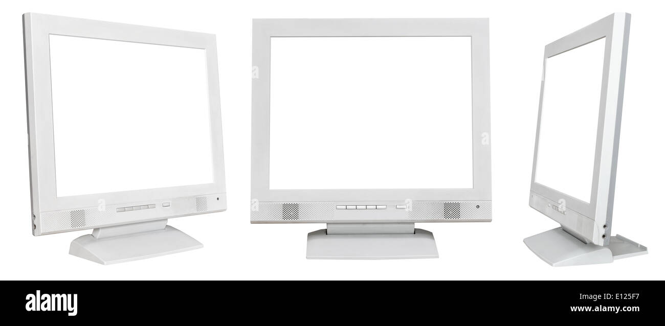 set of grey computer displays with cutout screen isolated on white ...