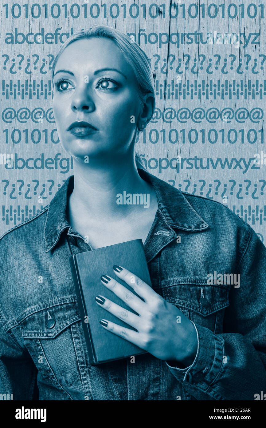 Woman holding book with textual background. Concept, knowledge ...