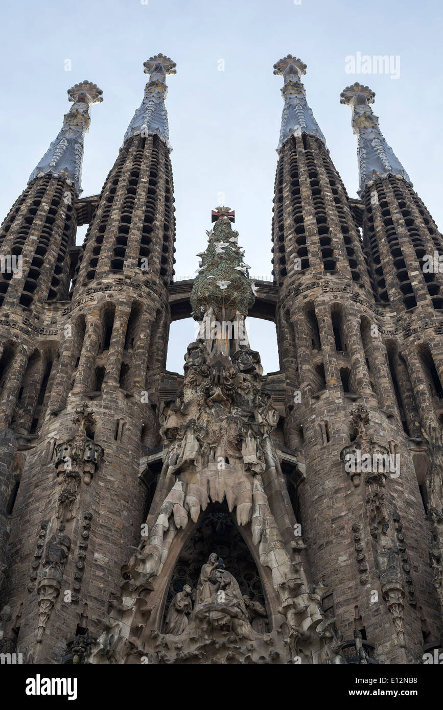 Four towers of nativity facade in Sacred Family Stock Photo - Alamy