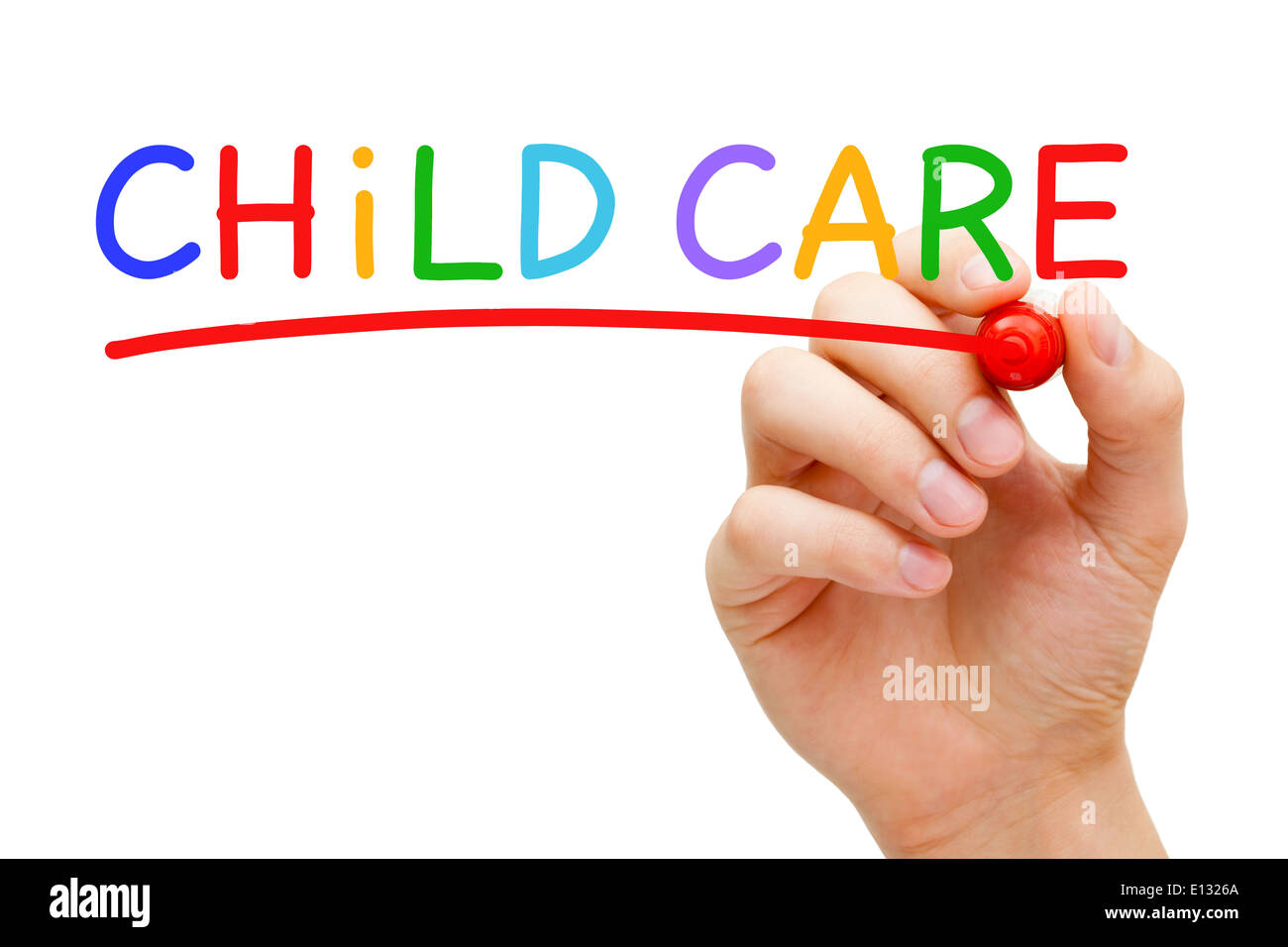 Hand writing Child Care with marker on transparent wipe board Stock ...