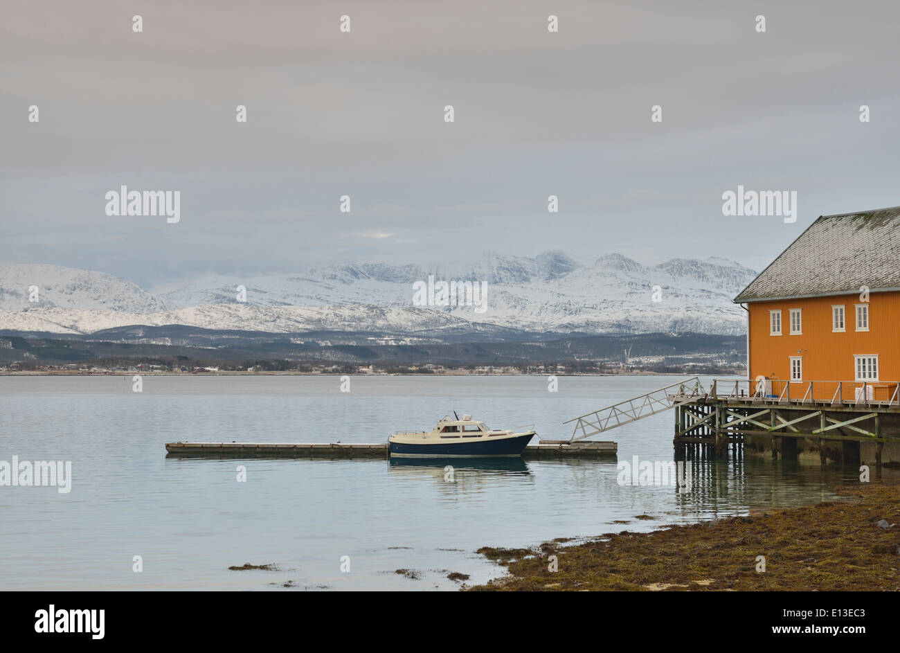 Coastal view with a traditional yellow building, Sandtorg, Hinnoya ...
