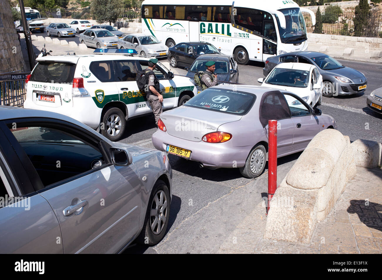 Traffic jam with police presence near the Old Town of Jerusalem, Israel ...