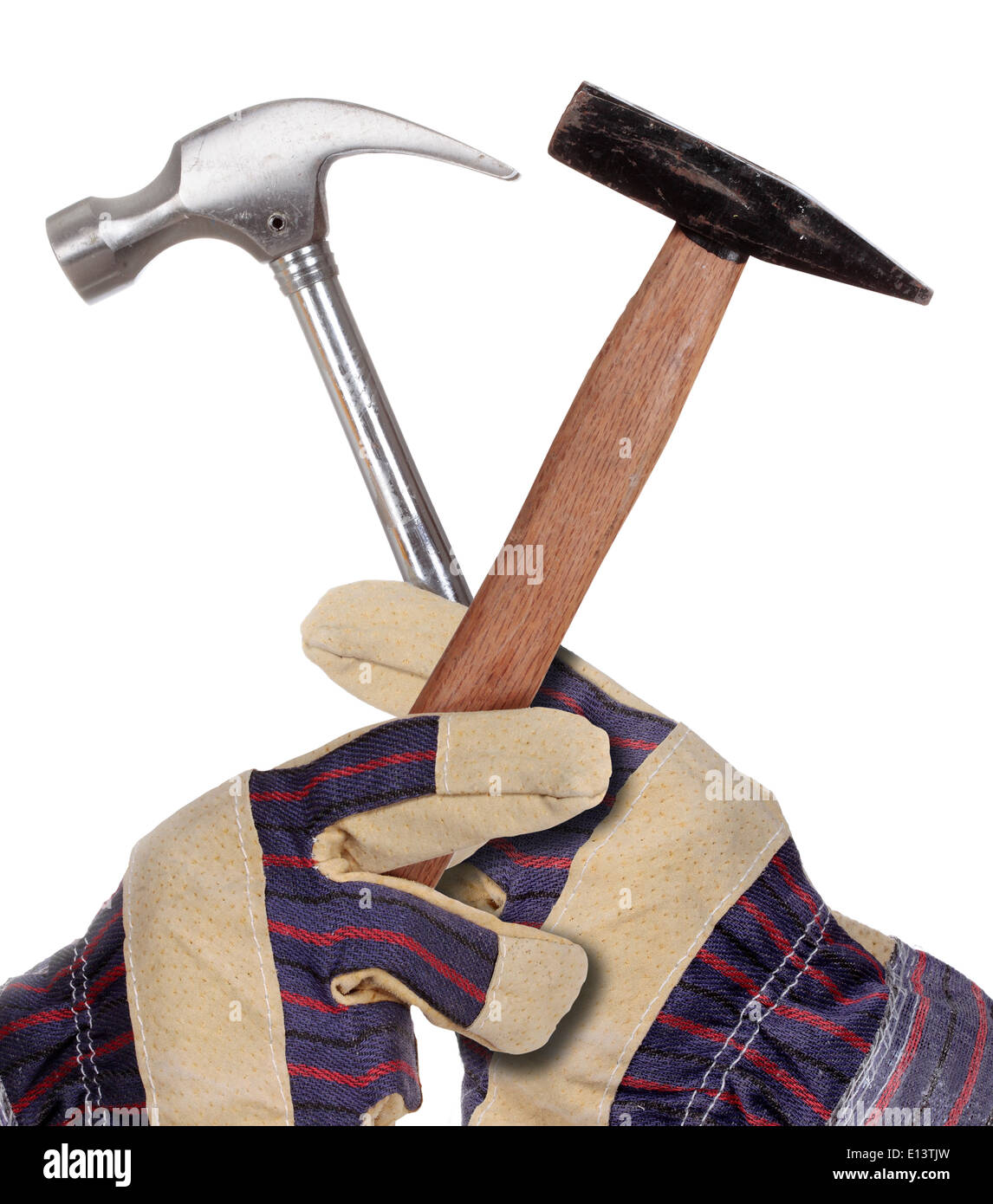worker hand with a glove and hammer Stock Photo - Alamy