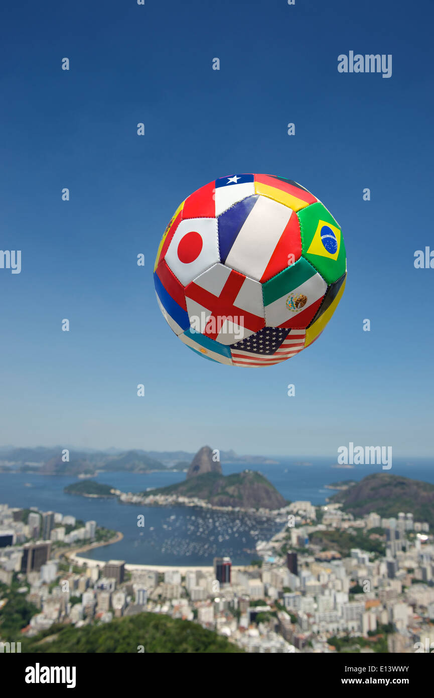International football soccer ball above Rio de Janeiro skyline with ...