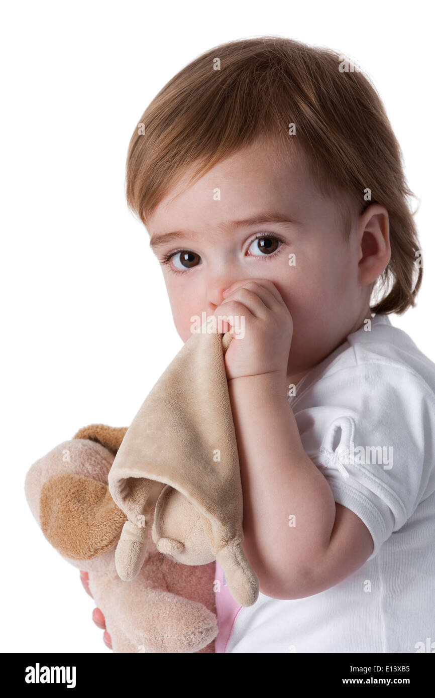 Portrait of a sad tired girl on white background Stock Photo - Alamy