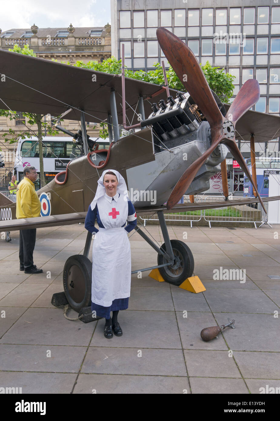 A reproduction WW1 BE2 biplane with a nurse in period dress Leeds City ...