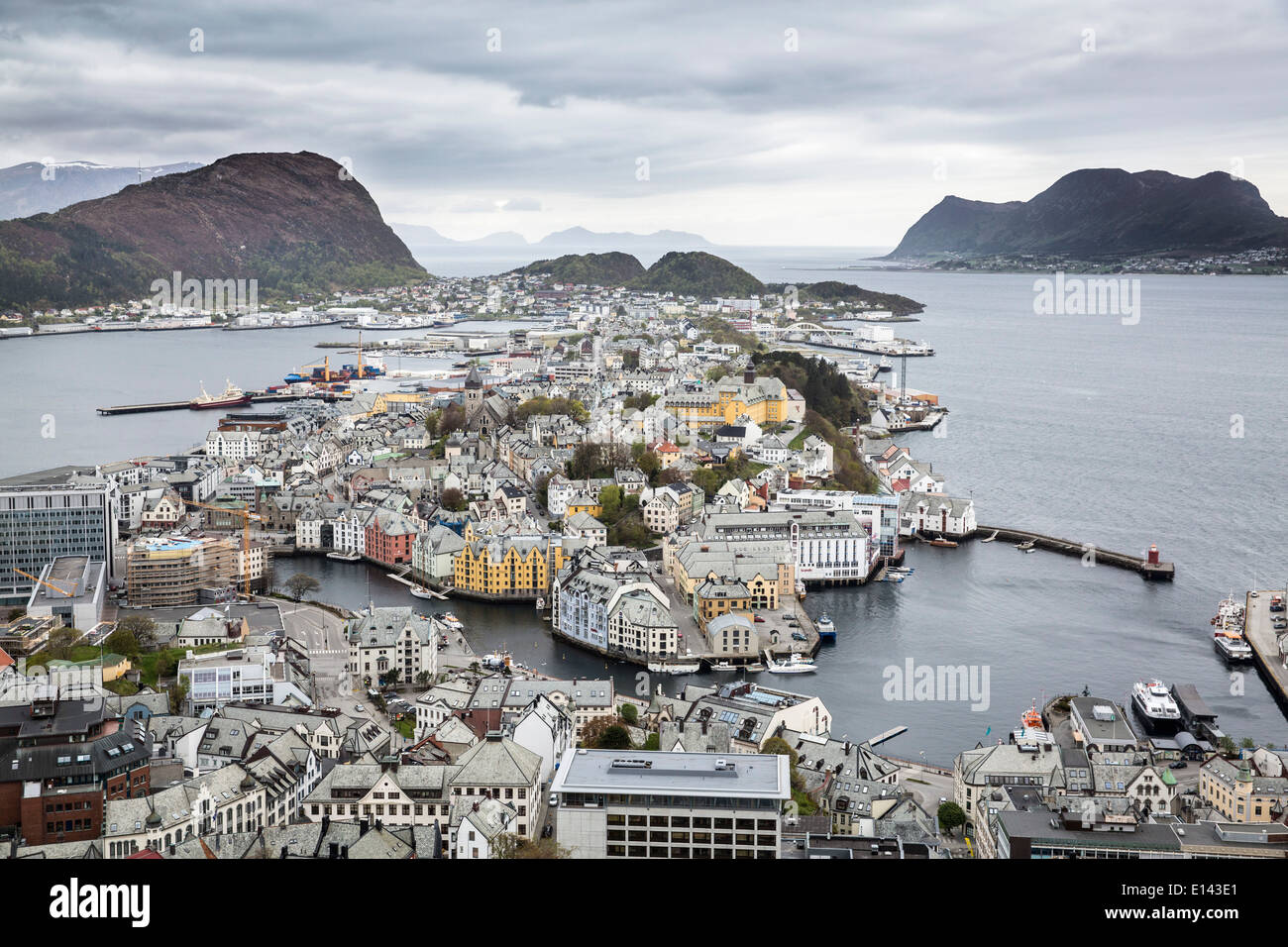 Norway, Alesund, View on historic city center in Jugendstil style from ...
