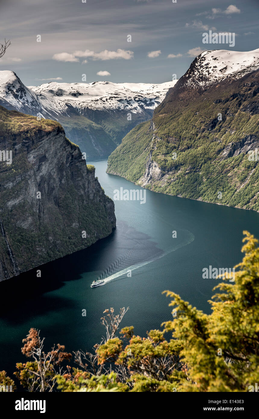 Norway, Geiranger, Geiranger fjord. Unesco World Heritage site. Aerial ...