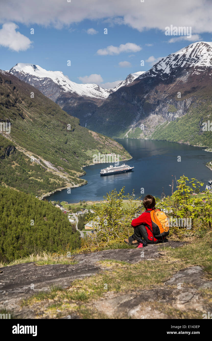 Norway, Geiranger, Geiranger fjord. Aerial view on village and cruise ...