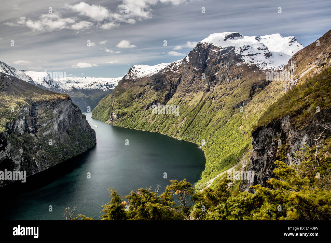 Norway, Geiranger, Geiranger fjord. Unesco World Heritage site. Aerial ...