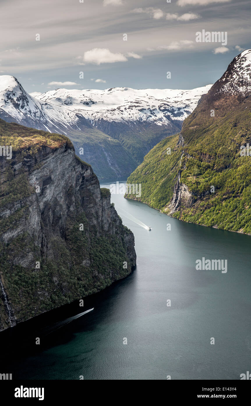 Norway, Geiranger, Geiranger fjord. Unesco World Heritage site. Aerial ...