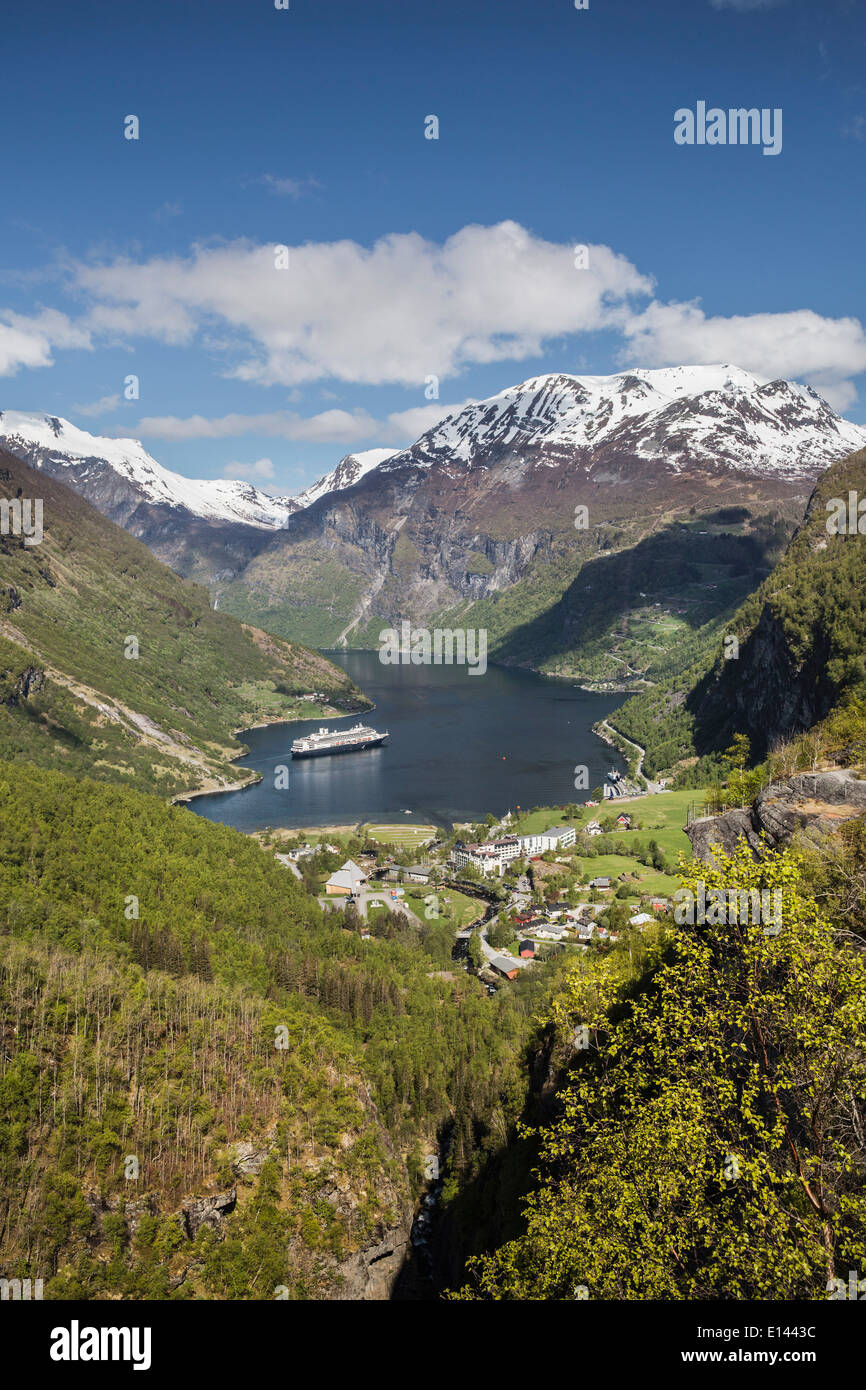 Norway, Geiranger, Geiranger fjord. Aerial view on village and cruise ...