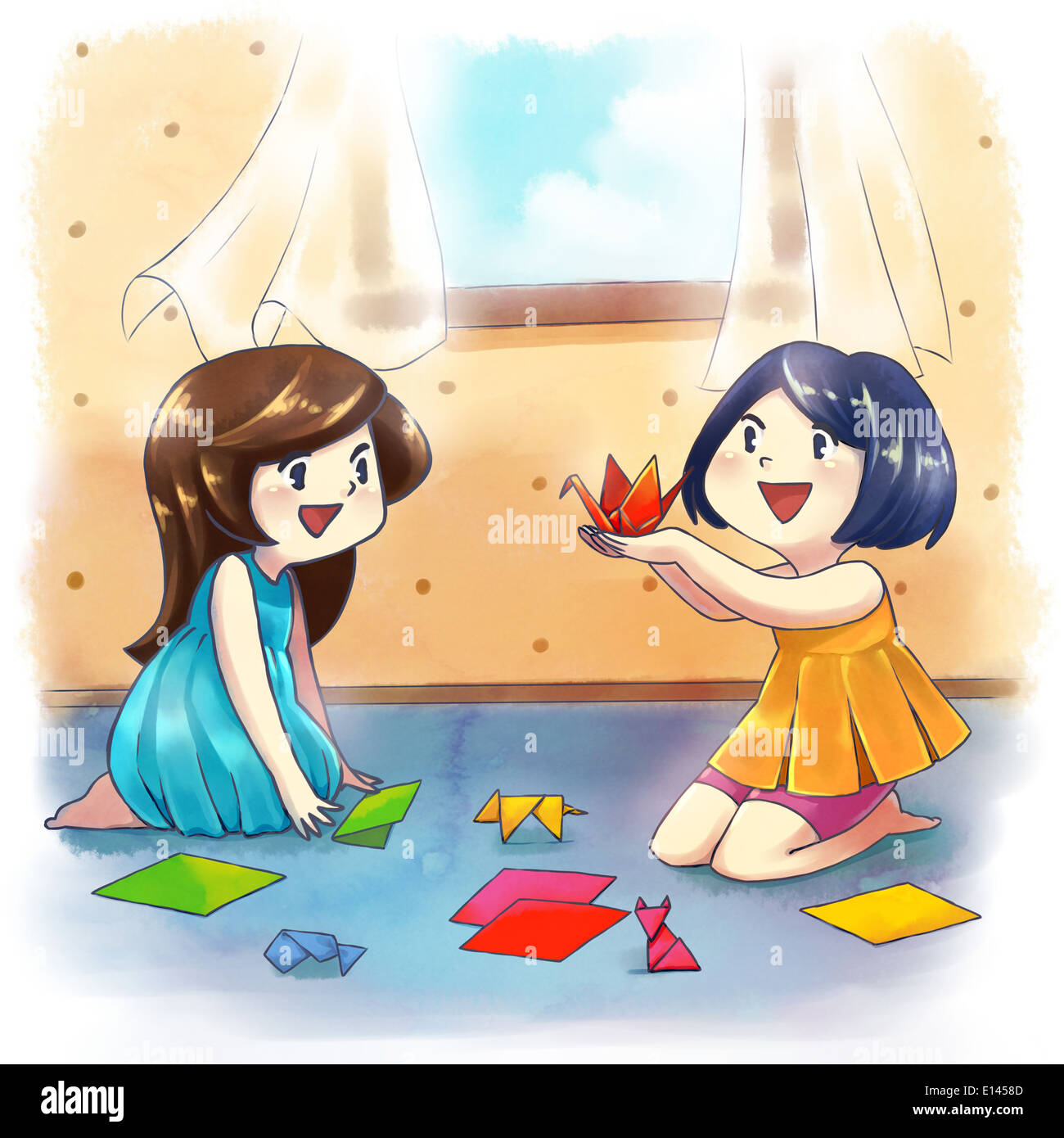 Illustration of girls making origami Stock Photo - Alamy