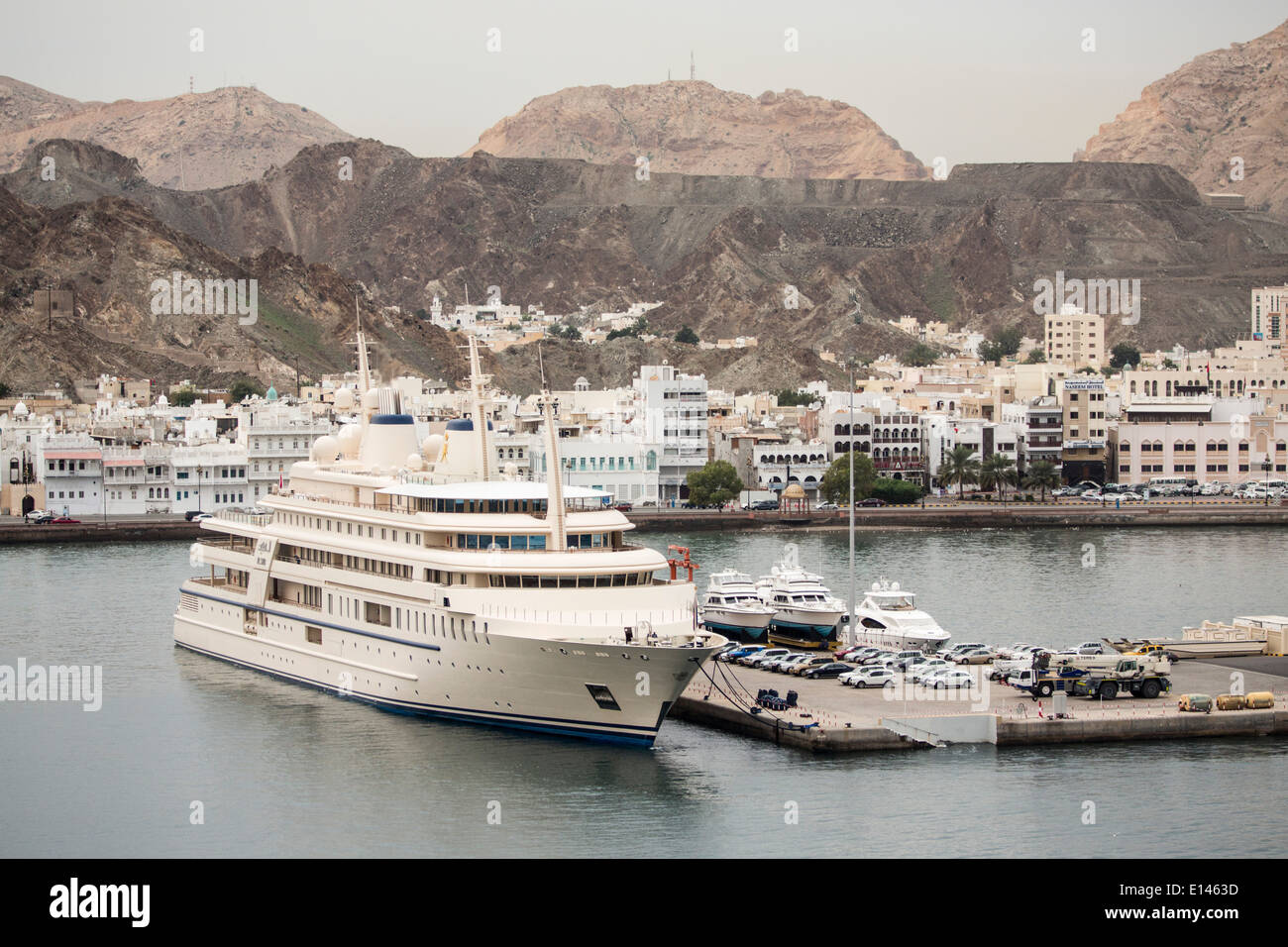 Oman, Muscat, Harbor Mina As Sultan Qaboos. Yacht of sultan. Background ...