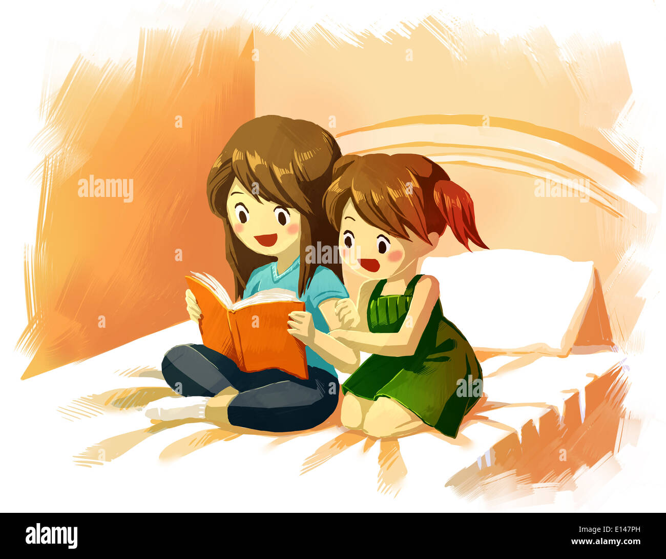Illustration of sisters reading storybook together on bed Stock Photo ...