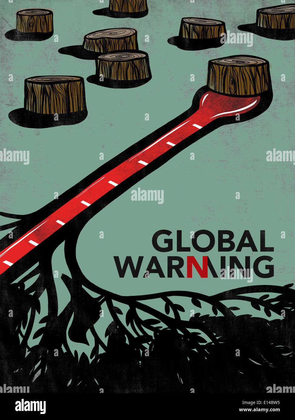 Illustrative image of tree stumps with thermometer representing global ...