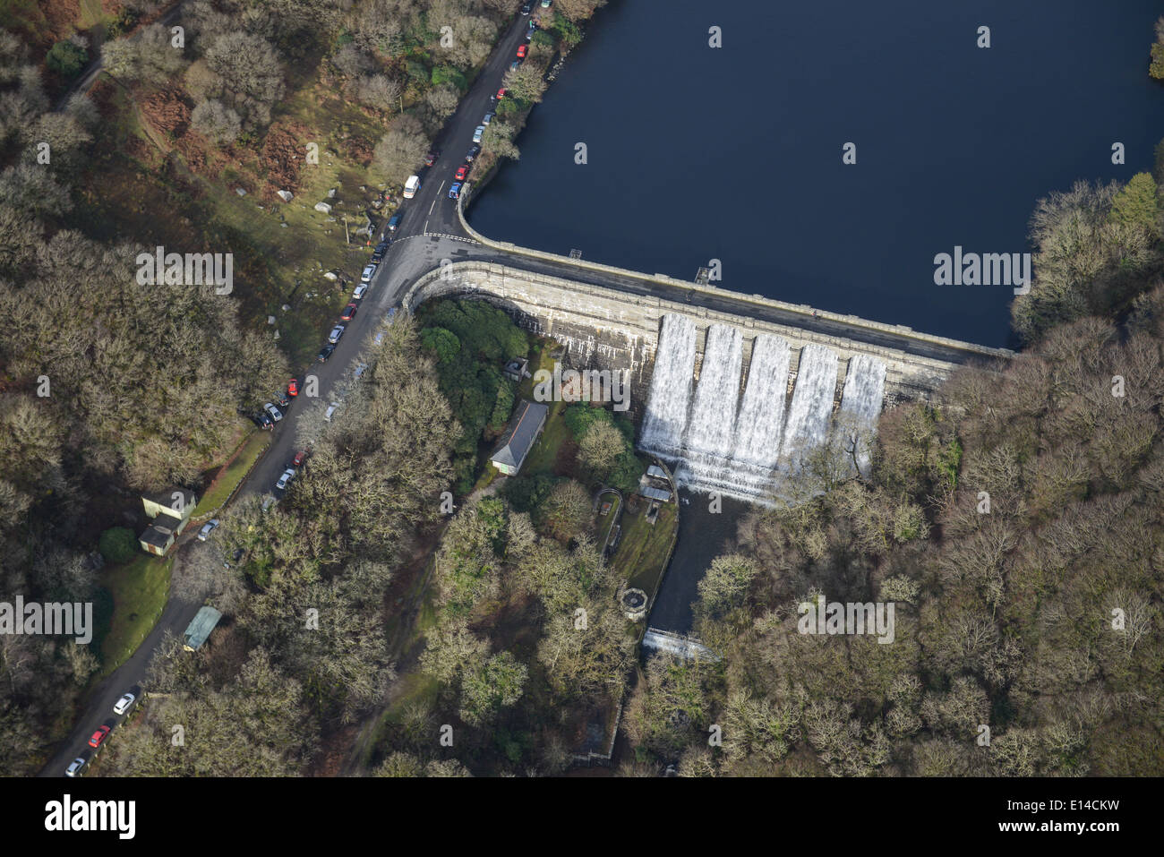 An aerial view of the Burrador Reservoir dam in Cornwall UK Stock Photo ...