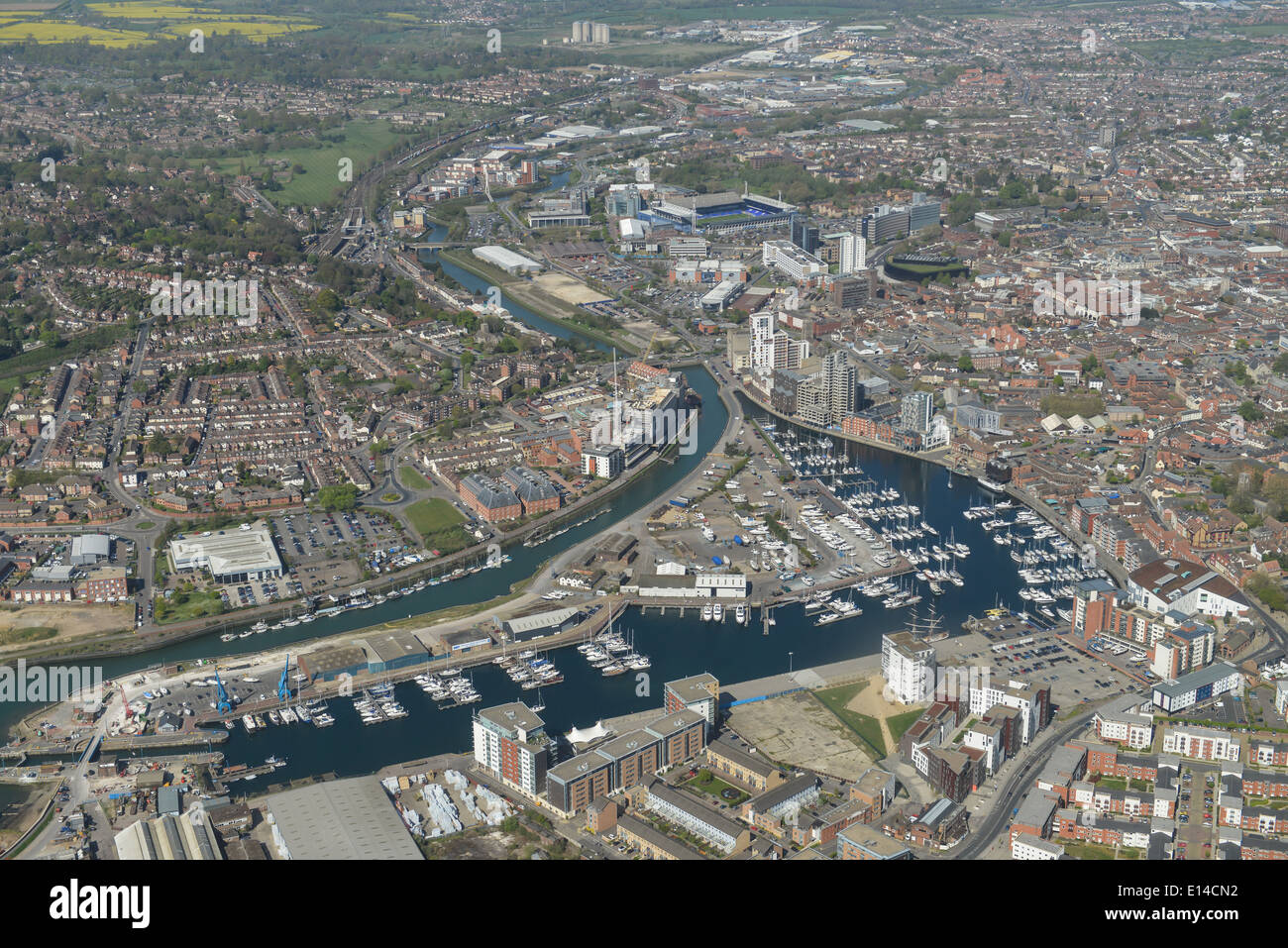 An aerial view looking west across Ipswich showing the River Orwell and ...
