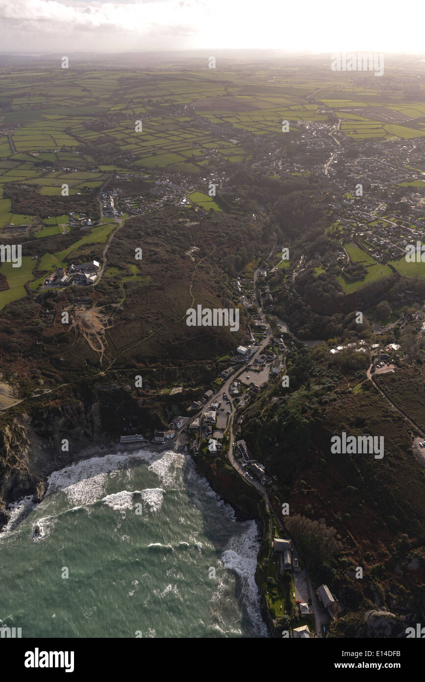 An atmospheric evening aerial view showing the coast of Cornwall ...
