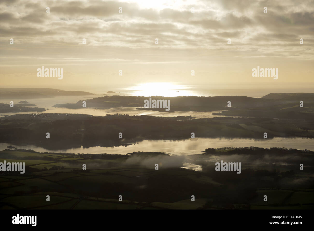 An atmospheric aerial view across the River Lynher in Cornwall with the ...