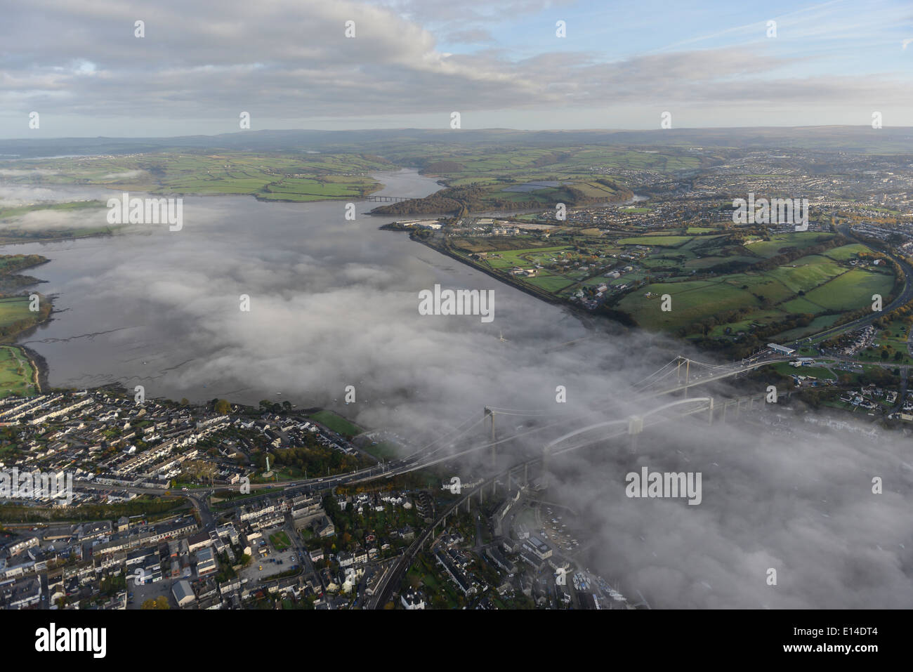 An aerial view over the River Tamar showing early morning mist Stock ...