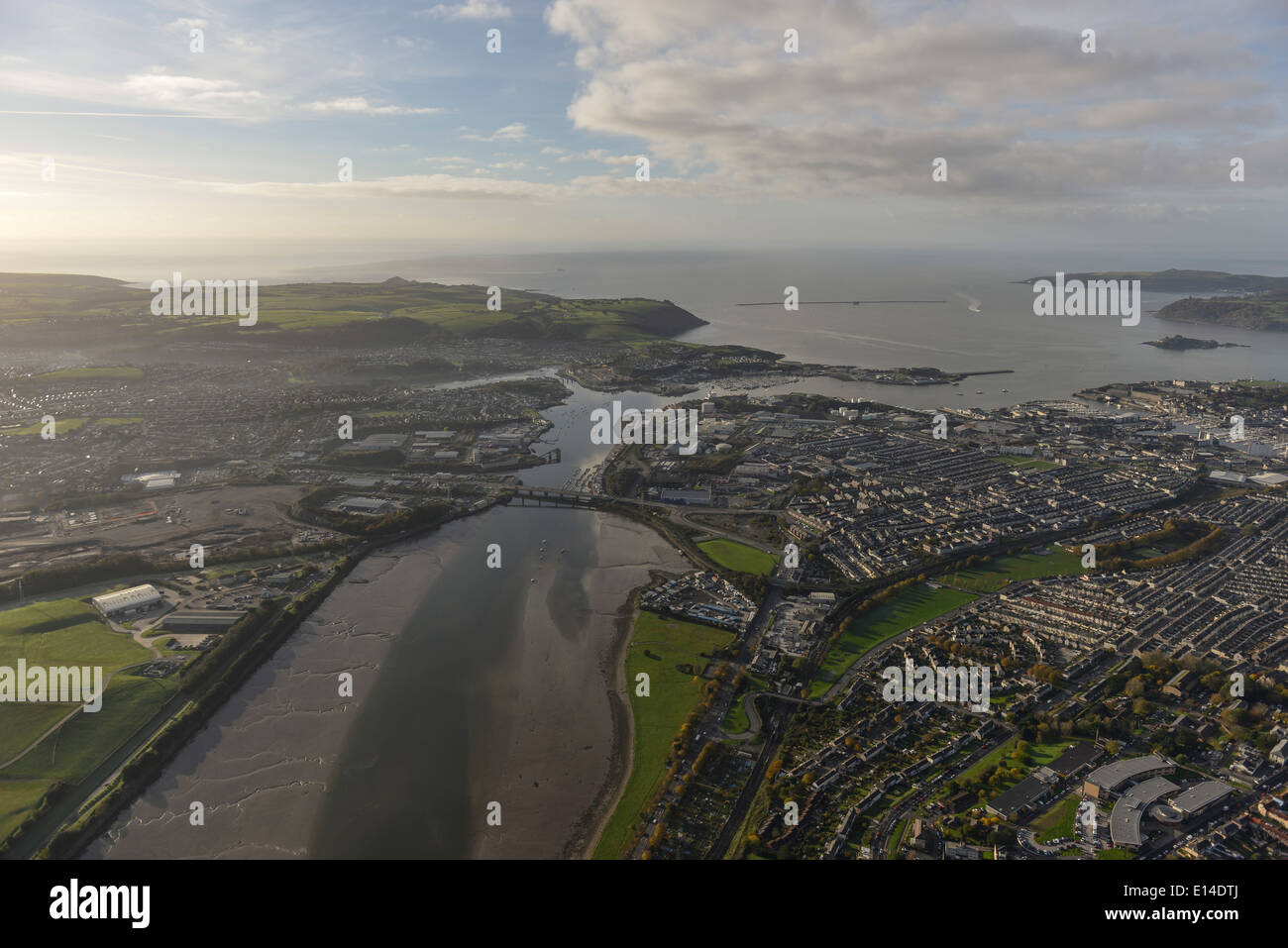 An aerial view looking down the River Plym towards Plymouth Sound in ...