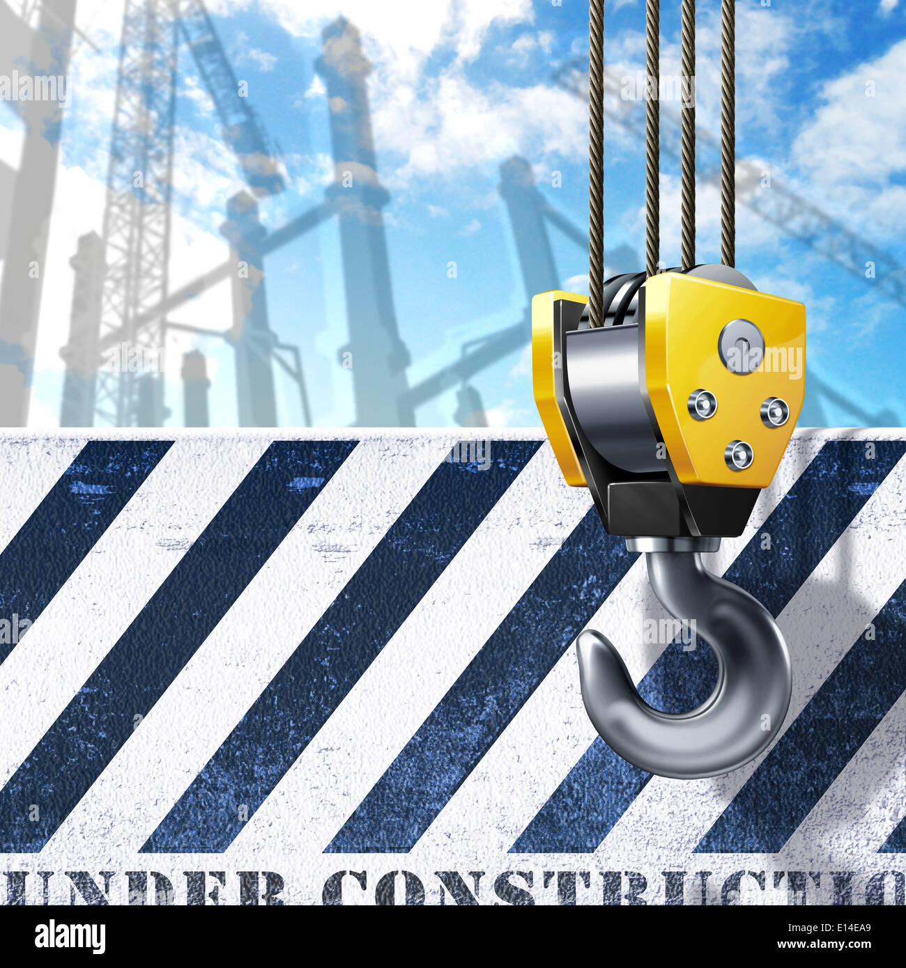 Illustration of crane's hook hanging by striped sign Stock Photo - Alamy