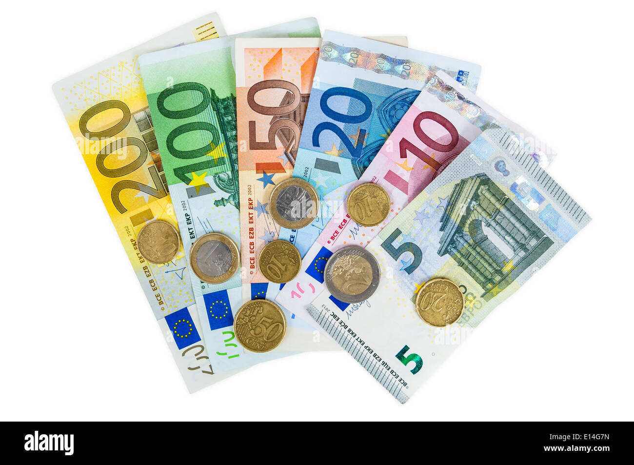 Set of euro banknotes and coins isolated on white background with ...