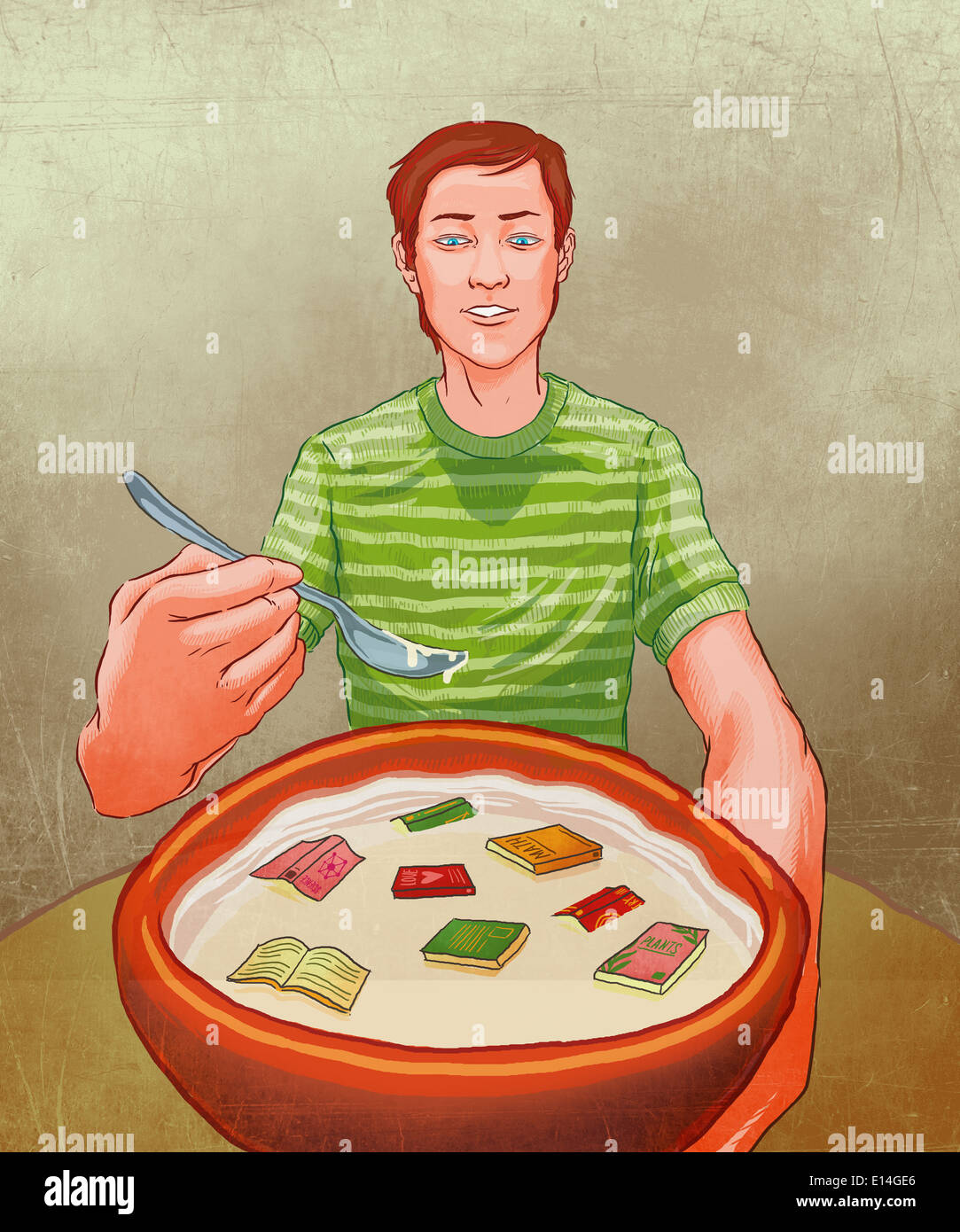 Illustration of studious man eating book breakfast Stock Photo - Alamy