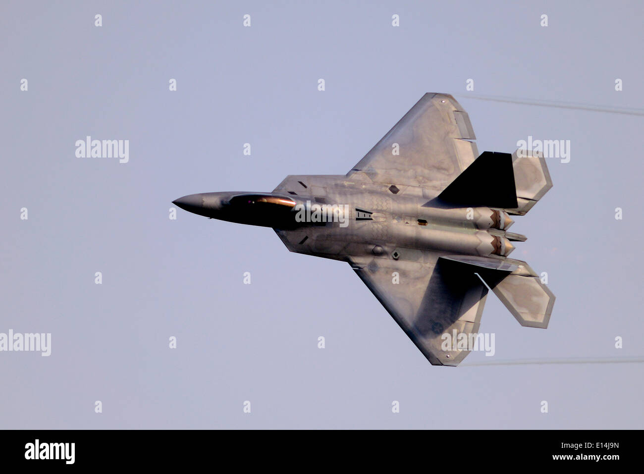 A US Air Force F-22 Raptor stealth fighter aircraft during an aerial ...