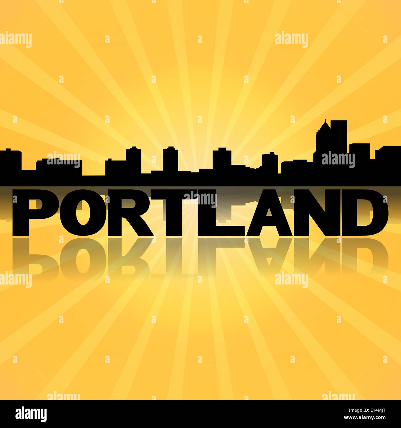 Portland skyline reflected with sunburst illustration Stock Photo - Alamy