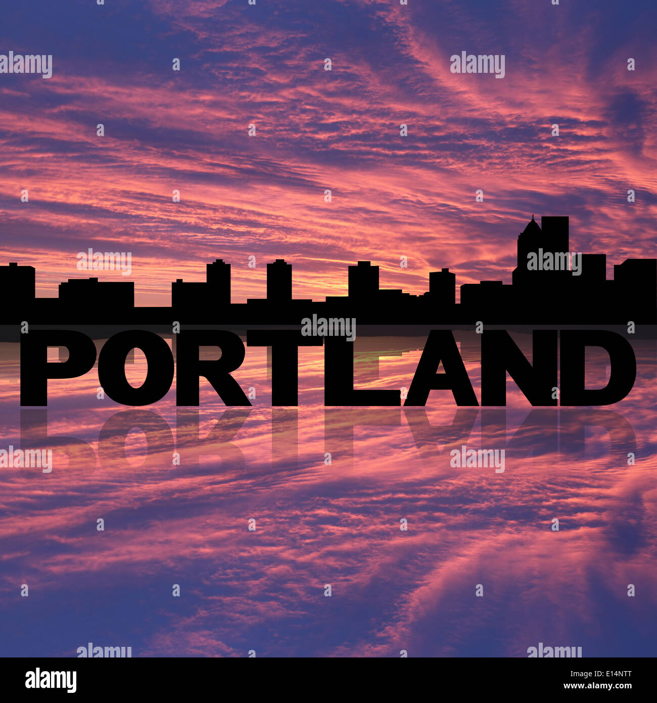 Portland skyline reflected with text and sunset illustration Stock ...