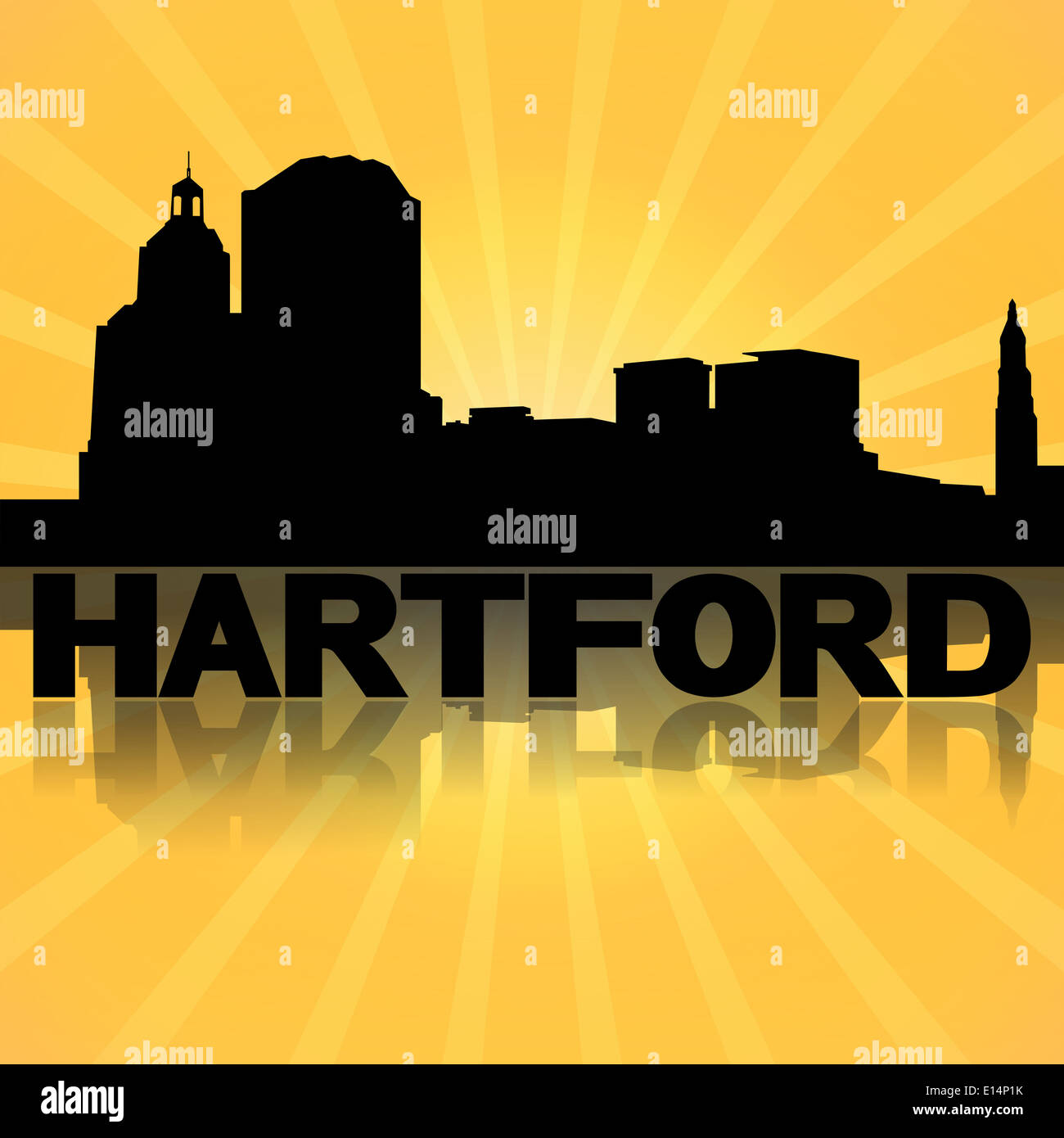 Hartford skyline reflected with sunburst illustration Stock Photo - Alamy