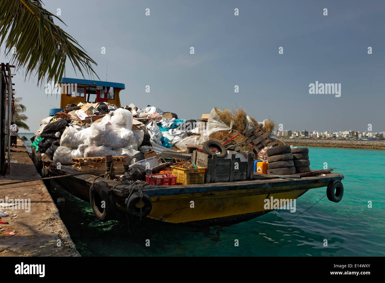 Garbage on a barge, Hulhulé, North Malé Atoll, Indian Ocean, Maldives ...