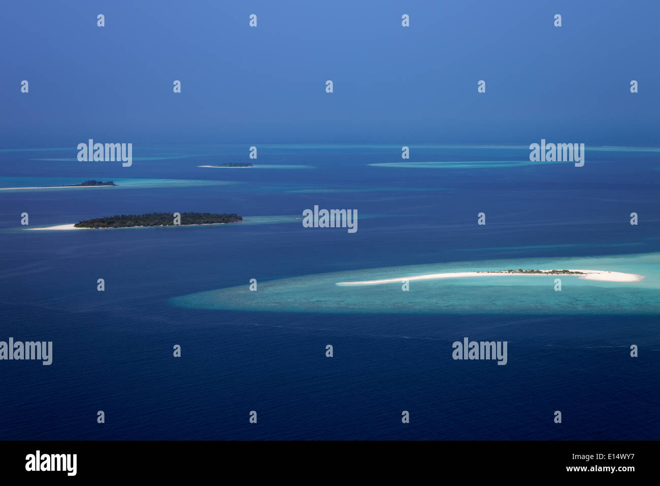Aerial view, small islands and reefs in the North Ari Atoll, Indian ...