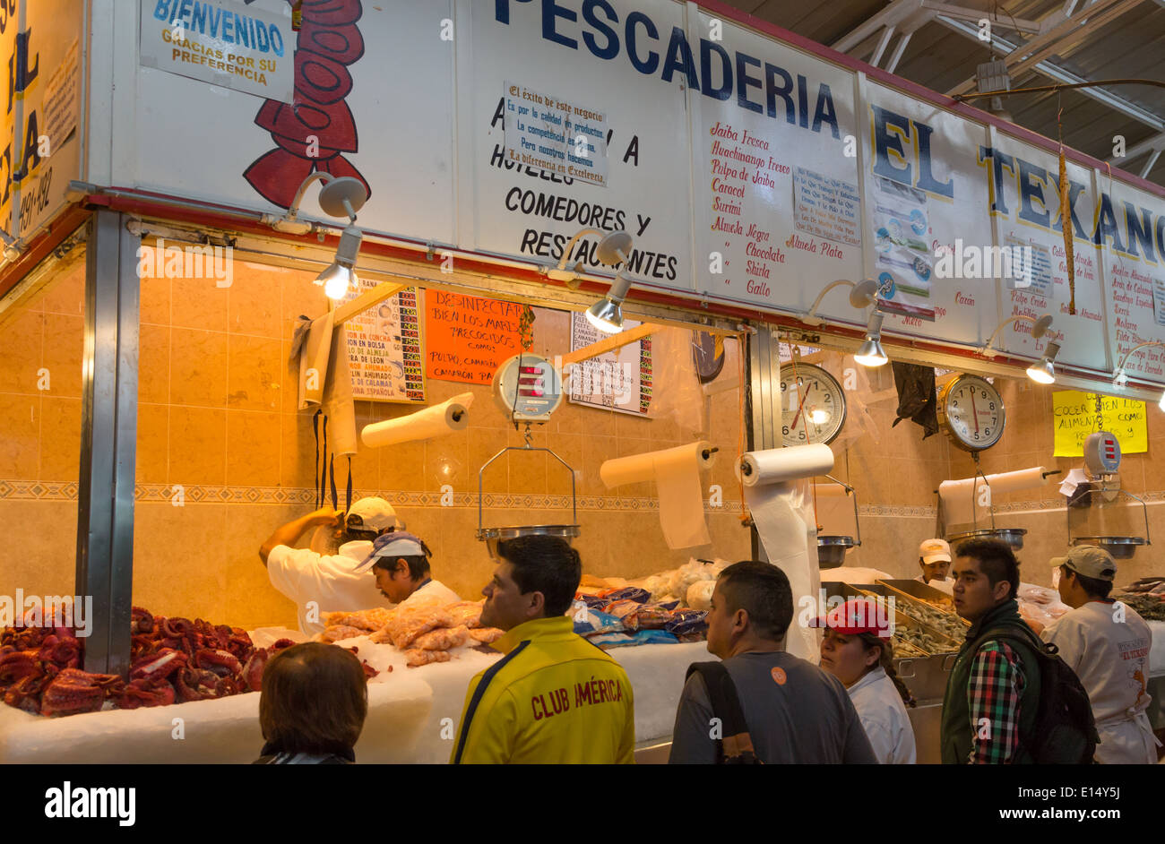 Men shopping at a fish market in the La Cruz mercado in Queretaro ...
