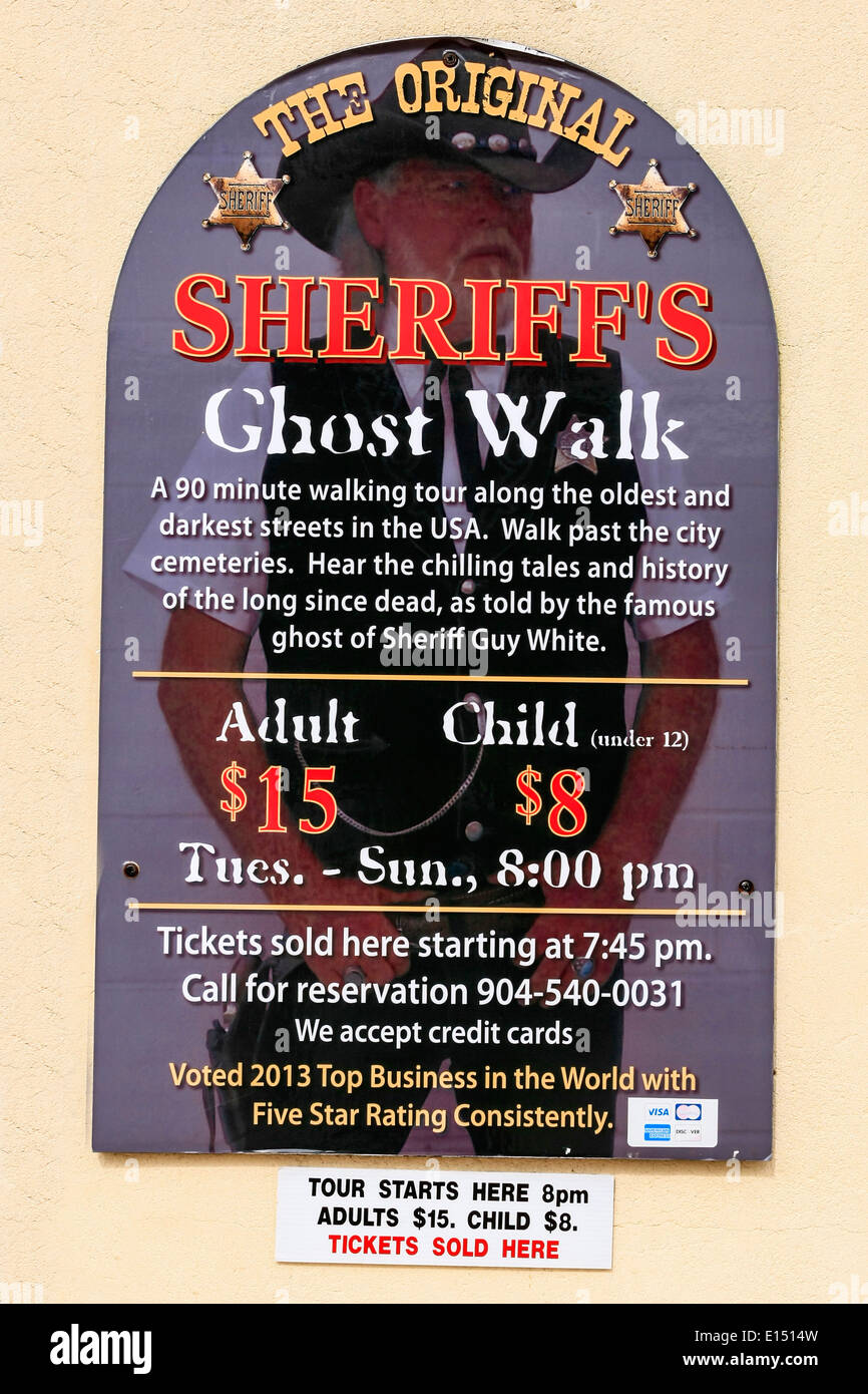 The Original Sheriff's Ghost Walk Promo Sign in St. Augustine FL Stock ...