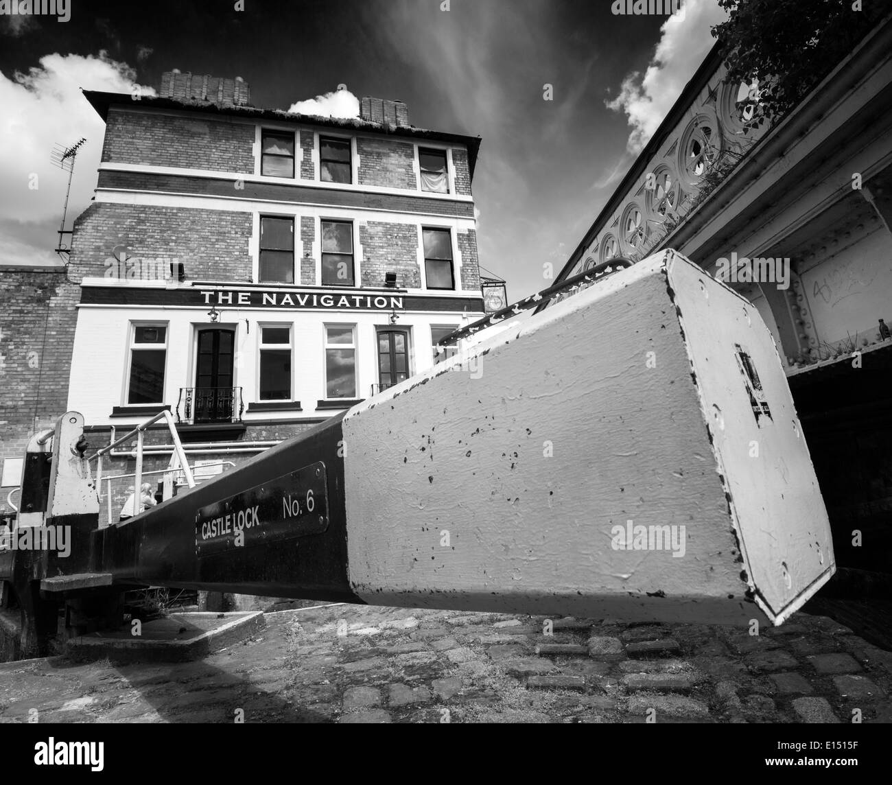 Monochrome image of The Navigation pub by the canal in Nottingham City ...