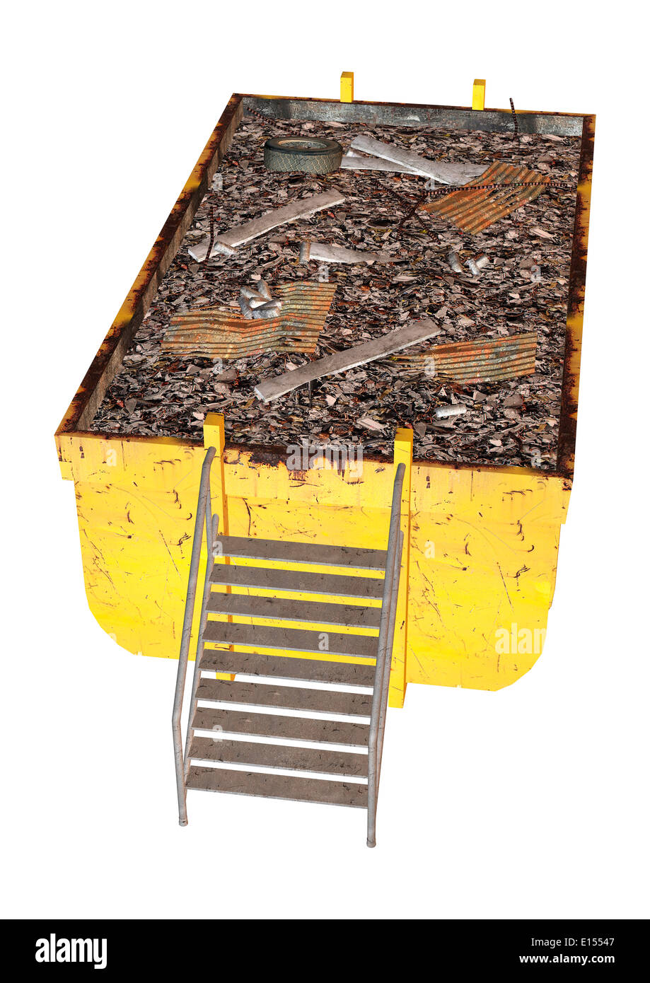 3D digital render of a yellow waste container full of scrap isolated on ...
