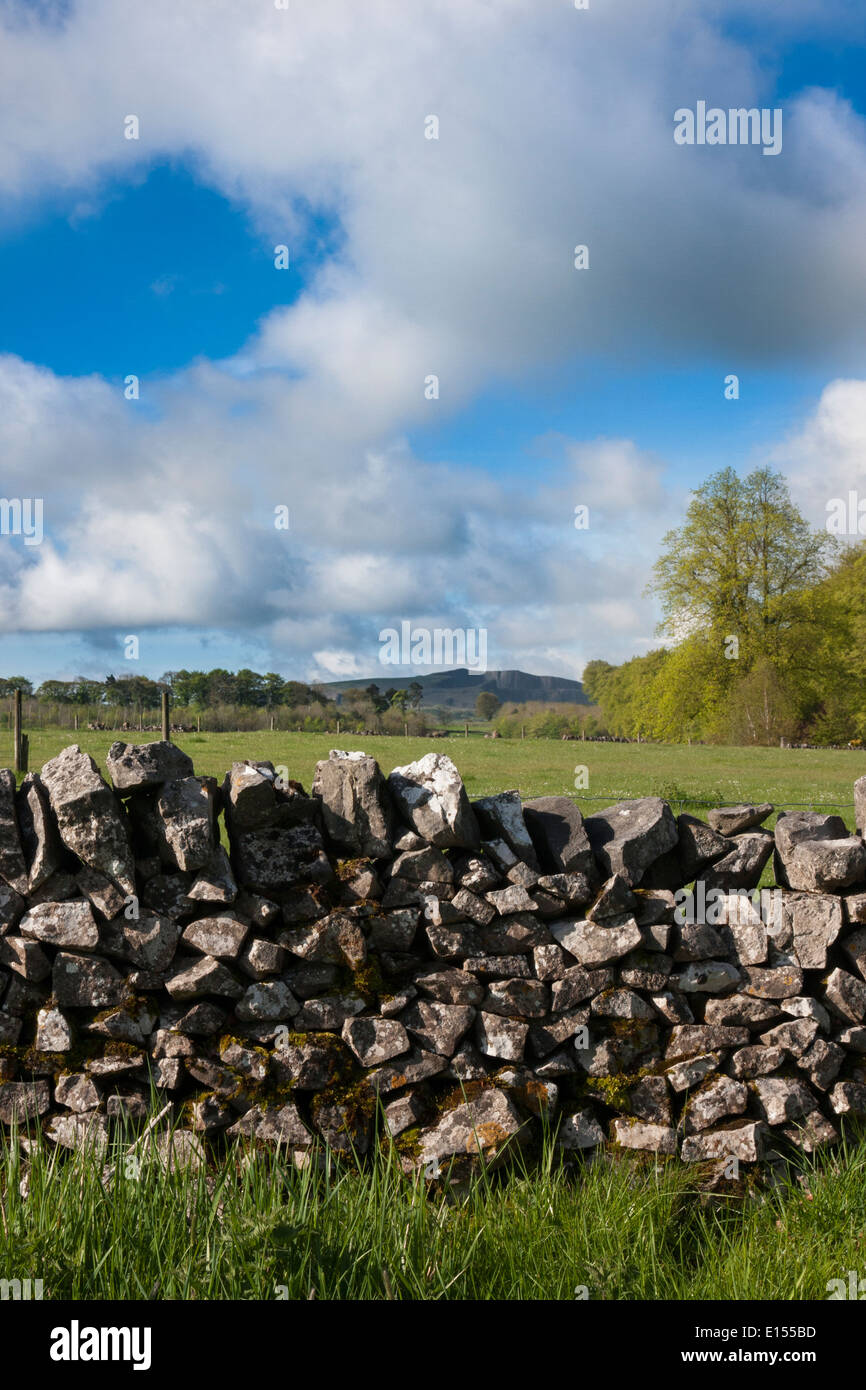 Derbyshire quarry seen from farmland over a drystone wall Derbyshire UK ...