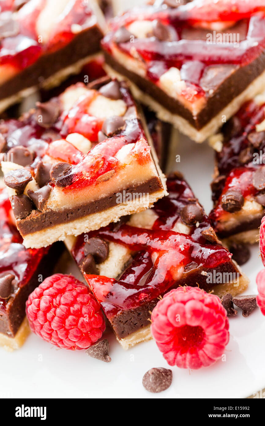 Fresh chocolate raspberry squares cut in bite size Stock Photo - Alamy