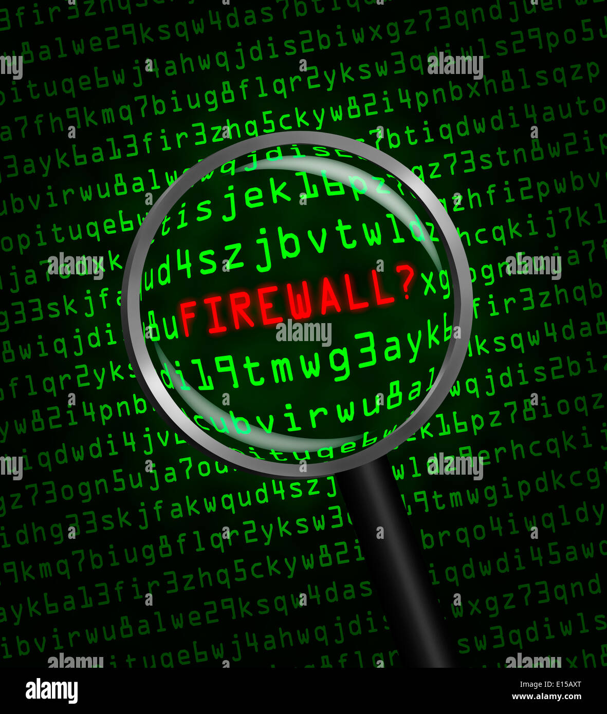 The word "FIREWALL" in red revealed in green computer machine code ...