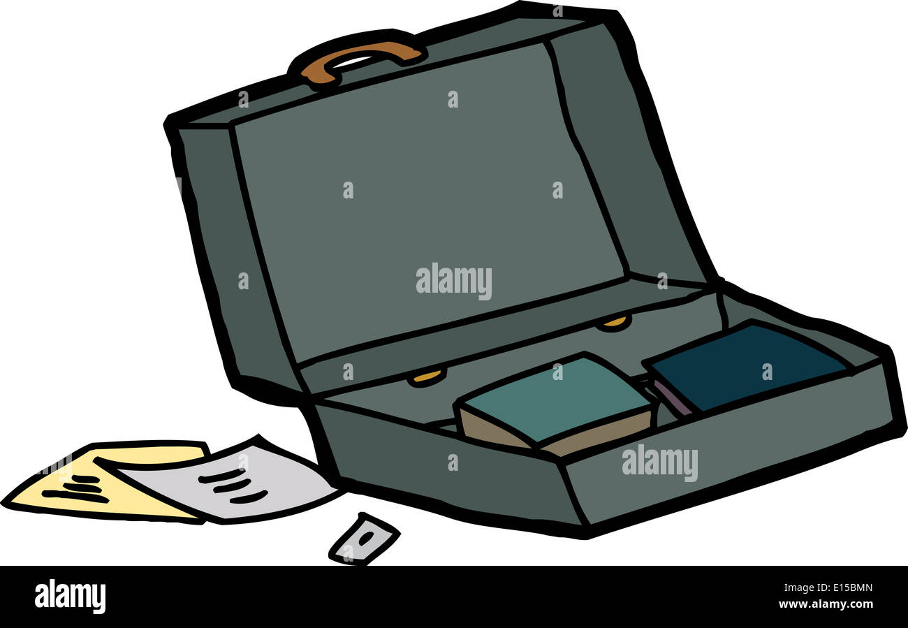 Open briefcase with papers and books on white background Stock Photo ...