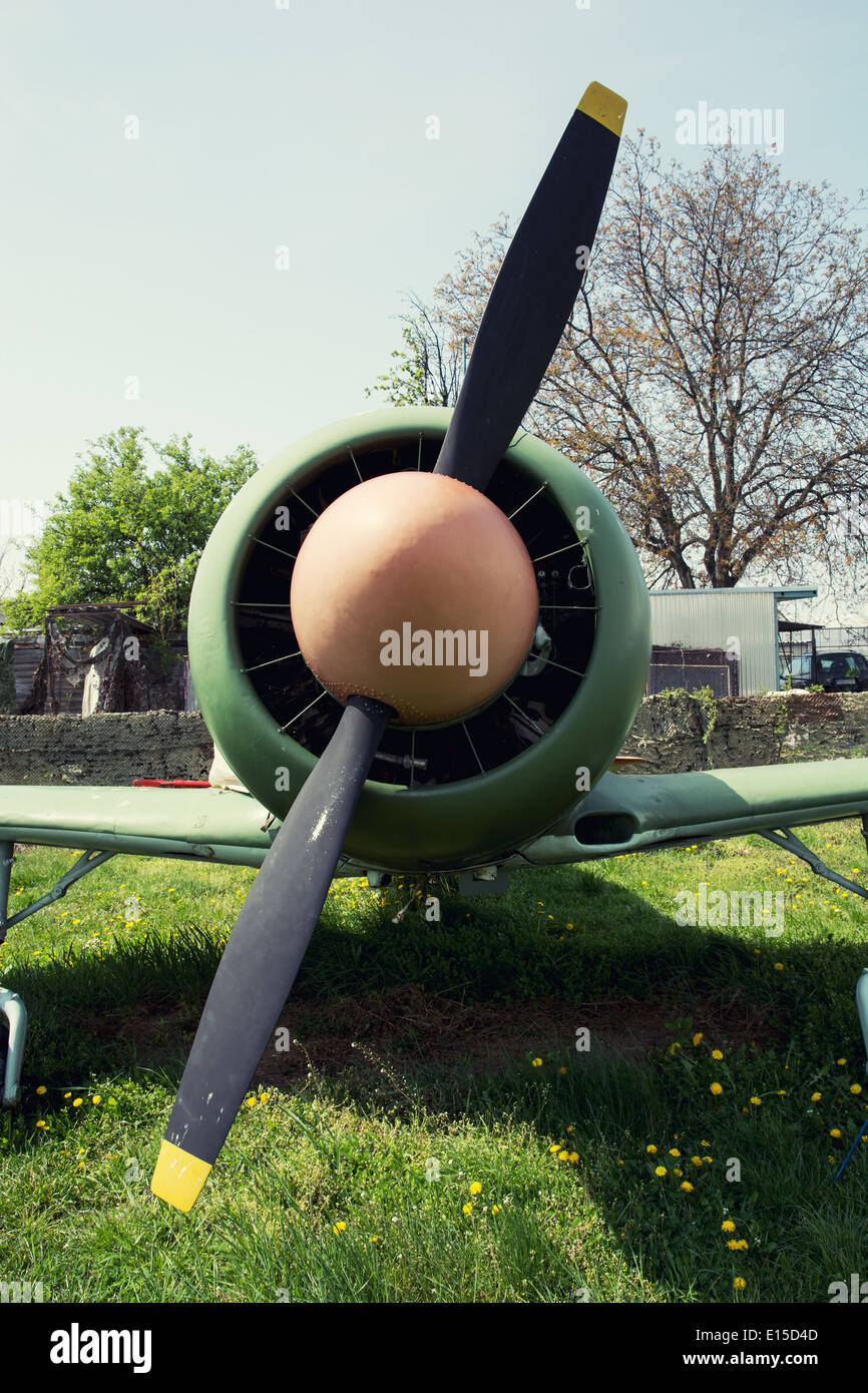 Close up of a engine propeller aircraft. Single-engine aircraft. Retro ...