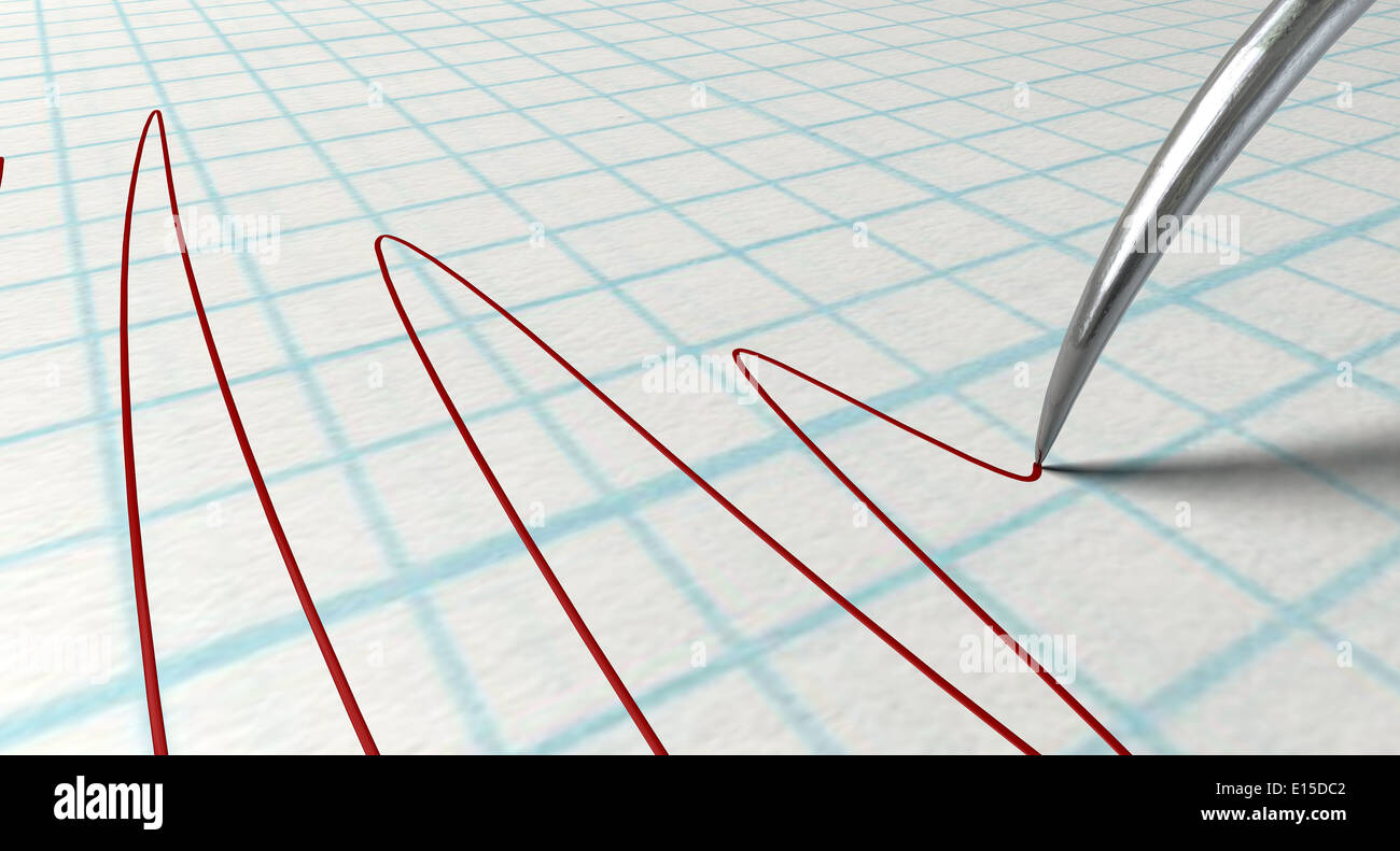 A closeup of a polygraph lie detector test needledrawing a red line on ...