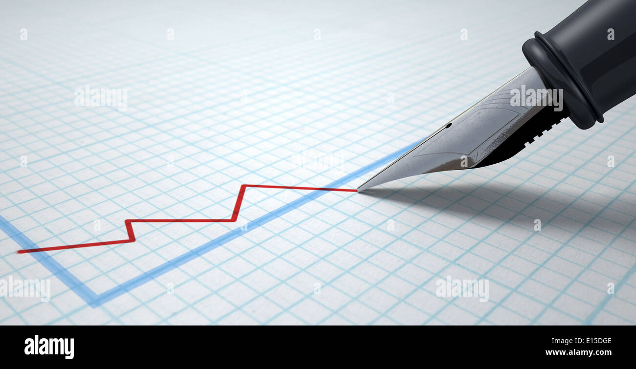 An extreme closeup of a fountain pen nib drawing a red declining line ...