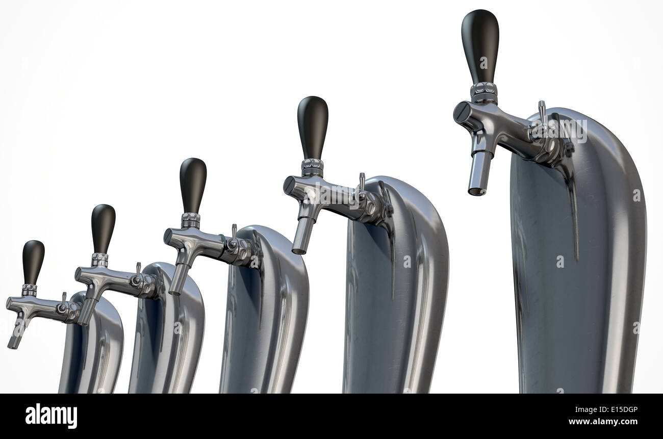 A row of regular chrome draught beer taps on an isolated white ...