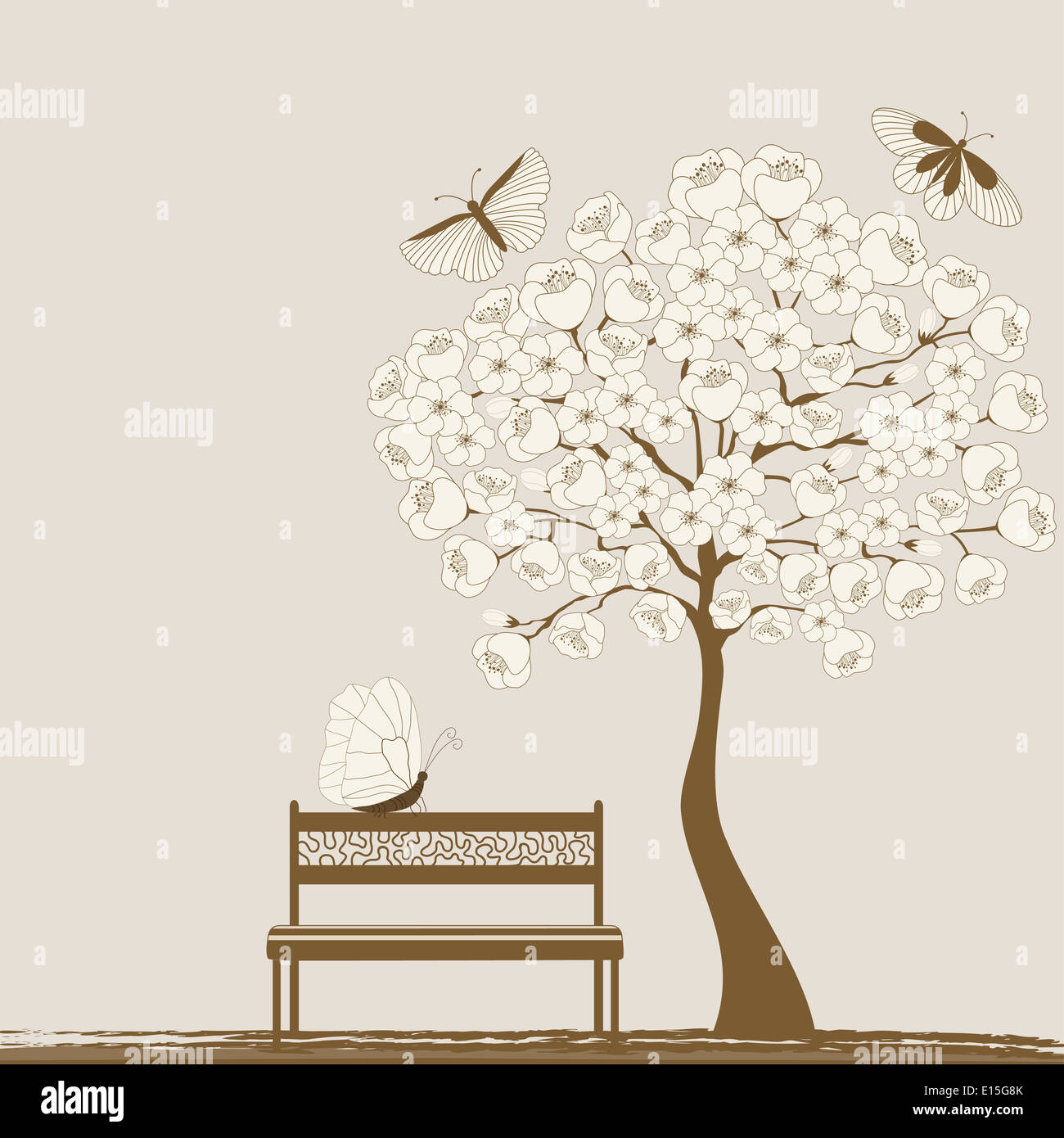 Landscape with tree and butterflies and bench Stock Photo - Alamy