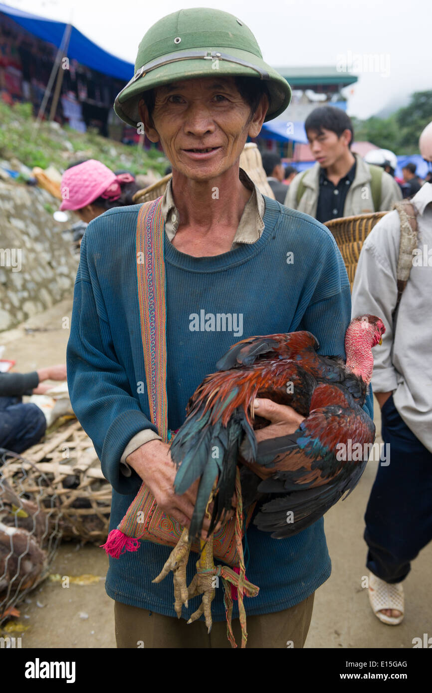 Old Hmong man in a Vietnamese Army helmet holding a cockeral, Bac Ha ...